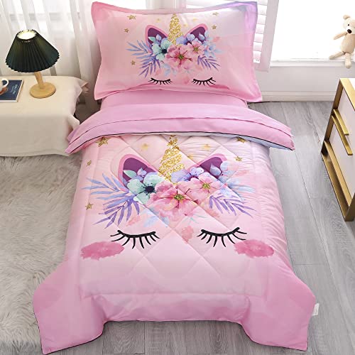 Pink Unicorn Toddler Bedding Set for Girls 4 Piece Flower Toddler Comforter Set for Kids Bed-in-a-Bag Bedspreads Quilt Toddler Bed Sheet Set with Quilted Comforter,Flat Sheet,Fitted Sheet,Pillowcase