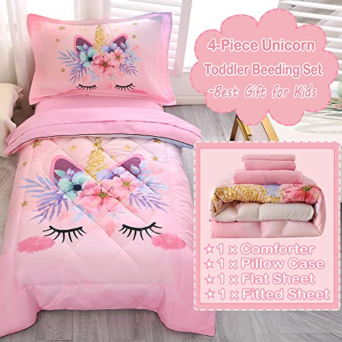 Pink Unicorn Toddler Bedding Set for Girls 4 Piece Flower Toddler Comforter Set for Kids Bed-in-a-Bag Bedspreads Quilt Toddler Bed Sheet Set with Quilted Comforter,Flat Sheet,Fitted Sheet,Pillowcase