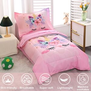 Pink Unicorn Toddler Bedding Set for Girls 4 Piece Flower Toddler Comforter Set for Kids Bed-in-a-Bag Bedspreads Quilt Toddler Bed Sheet Set with Quilted Comforter,Flat Sheet,Fitted Sheet,Pillowcase