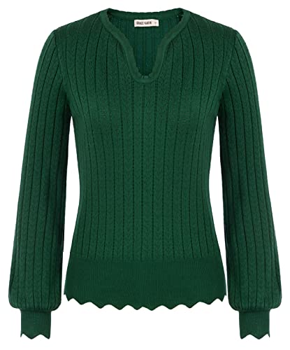 Women's V Neck Long Sleeve Pullover Sweater Lightweight Knit Novelty Sweaters Green L