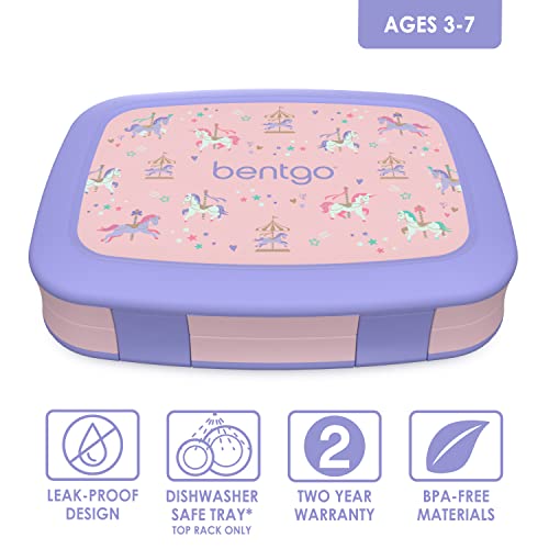 Bentgo® Kids Prints Leak-Proof, 5-Compartment Bento-Style Kids Lunch Box - Ideal Portion Sizes for Ages 3 to 7 - BPA-Free, Dishwasher Safe, Food-Safe Materials (Carousel Unicorns)