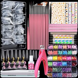 acrylic fake nails kit, teenitor press on nail supplies with clear coffin nail tips nail stand nail art brushes dotting pen glitter sequins stickers rhinestones nail decorations nail starter kit