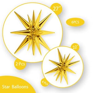 BlingABC Star Foil Balloons Gold Explosion 6PCS 14 Point Cone Balloons Magic Starburst Balloons Large for Wedding Anniversary Backdrop Birthday Party Decorations(27 & 22 inch)