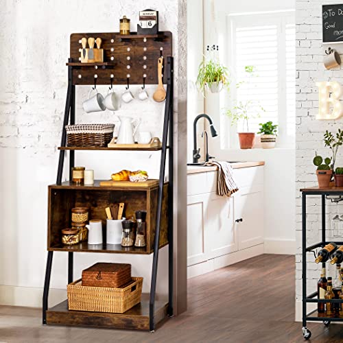 LAVIEVERT 5-Tier Bookshelf with Pegboard Floating Shelves, Industrial Vintage Bookcase, Freestanding Display Storage Rack Shelf with 6 Removable Metal Hooks for Home Office - Rustic Brown