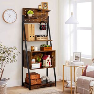 LAVIEVERT 5-Tier Bookshelf with Pegboard Floating Shelves, Industrial Vintage Bookcase, Freestanding Display Storage Rack Shelf with 6 Removable Metal Hooks for Home Office - Rustic Brown