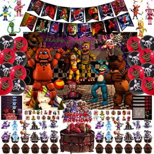 kikuke fnaf birthday party supplies, 117 pcs halloween party decorations includes backdrop, cake topper, invitation cards, happy birthday banner, balloons, stickers