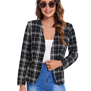 Milumia Women Elegant Open Front Plaid Blazer Work Office Jacket Outwear Z Black and White Medium