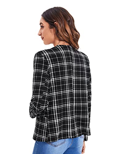 Milumia Women Elegant Open Front Plaid Blazer Work Office Jacket Outwear Z Black and White Medium