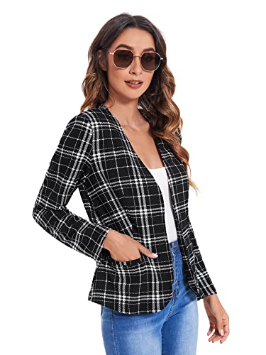 Milumia Women Elegant Open Front Plaid Blazer Work Office Jacket Outwear Z Black and White Medium