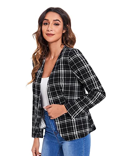 Milumia Women Elegant Open Front Plaid Blazer Work Office Jacket Outwear Z Black and White Medium