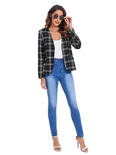 Milumia Women Elegant Open Front Plaid Blazer Work Office Jacket Outwear Z Black and White Medium