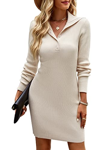 Vaiaye Women’s Sweater Dress Long Sleeve Bodycon Knit Stretchable Elasticity Button Down Winter Fall Pullover Jumper Dresses Apricot