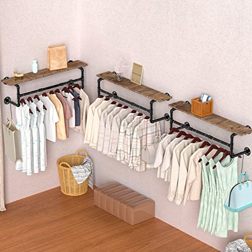 Industrial Pipe Clothing Rack Wall Mounted - Folews 48.8 Inch Wall Clothing Rack Garment Rack for Hanging Clothes Coats Laundry Room Organizer Storage Hanger Shelf Space Saving