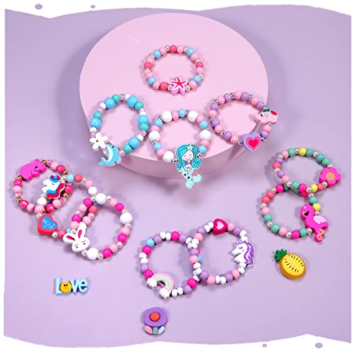 JOTIKO 20 Psc Bracelets for Little Girls - Princess Birthday Party Favors Goodie Bag Pinata Stuffers, Cute Friendship Rainbow Beaded Bracelet Play Jewelry Unicorn Mermaid Animals Wooden Charms Classroom Exchange Gifts