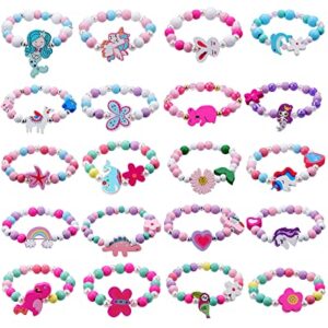 JOTIKO 20 Psc Bracelets for Little Girls - Princess Birthday Party Favors Goodie Bag Pinata Stuffers, Cute Friendship Rainbow Beaded Bracelet Play Jewelry Unicorn Mermaid Animals Wooden Charms Classroom Exchange Gifts