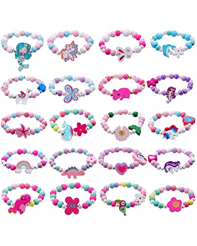 JOTIKO 20 Psc Bracelets for Little Girls - Princess Birthday Party Favors Goodie Bag Pinata Stuffers, Cute Friendship Rainbow Beaded Bracelet Play Jewelry Unicorn Mermaid Animals Wooden Charms Classroom Exchange Gifts