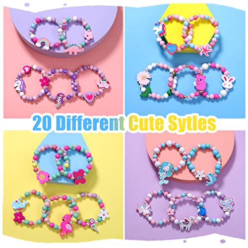 JOTIKO 20 Psc Bracelets for Little Girls - Princess Birthday Party Favors Goodie Bag Pinata Stuffers, Cute Friendship Rainbow Beaded Bracelet Play Jewelry Unicorn Mermaid Animals Wooden Charms Classroom Exchange Gifts