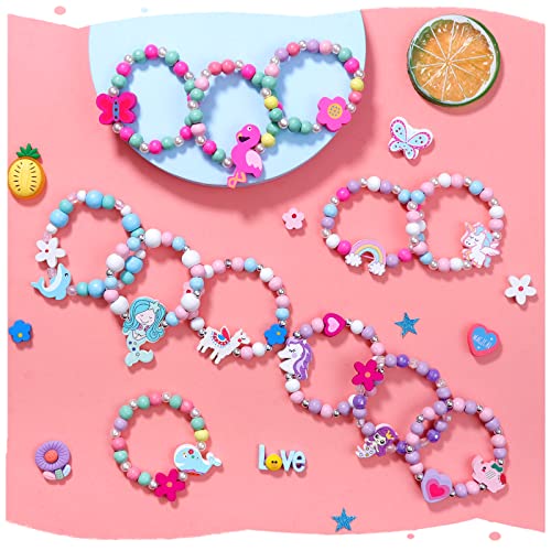 JOTIKO 20 Psc Bracelets for Little Girls - Princess Birthday Party Favors Goodie Bag Pinata Stuffers, Cute Friendship Rainbow Beaded Bracelet Play Jewelry Unicorn Mermaid Animals Wooden Charms Classroom Exchange Gifts