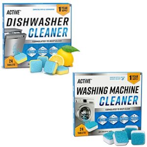 washing machine and dishwasher cleaning tablets bundle - includes 12 month supply dishwasher cleaner deodorizer & washing machine descaler deep cleaning tablets - 48 tablet combo