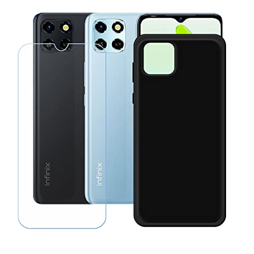 FZYM Case for Infinix Smart 6 HD + Tempered Glass Screen Protector Protective Film,Slim Black Soft Gel TPU Silicone Protection Phone Case Cover for Infinix Smart 6 HD (6.6")