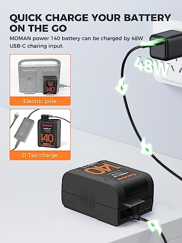 Moman V Mount Battery, Power 140 V-Lock Battery 140Wh/9700mAh with D-Tap&65W USB-C Outputs Compatible with Red Komodo & Canon C300 Cameras & Aputure 200D 200X Video Light, V-Mount-Battery-VLock-USB