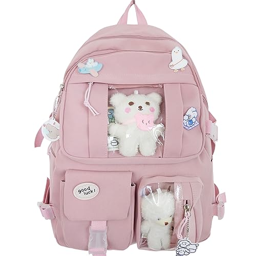 Stylifeo Kawaii Backpack with Cute Cow Plush Kawaii Pin Accessories Large Capacity Aesthetic School Bags Cute Bookbag for Girls Teen Pink