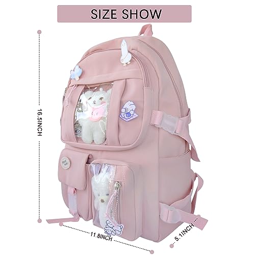 Stylifeo Kawaii Backpack with Cute Cow Plush Kawaii Pin Accessories Large Capacity Aesthetic School Bags Cute Bookbag for Girls Teen Pink