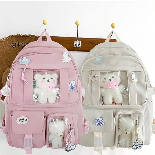 Stylifeo Kawaii Backpack with Cute Cow Plush Kawaii Pin Accessories Large Capacity Aesthetic School Bags Cute Bookbag for Girls Teen Pink