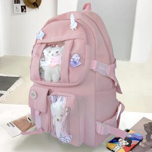 Stylifeo Kawaii Backpack with Cute Cow Plush Kawaii Pin Accessories Large Capacity Aesthetic School Bags Cute Bookbag for Girls Teen Pink