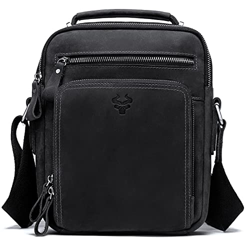 HUMERPAUL Genuine Leather Crossbody Sling Bag Messenger Man Purse Handbags for Mens Zipper Shoulder Bag for Work Business, Black