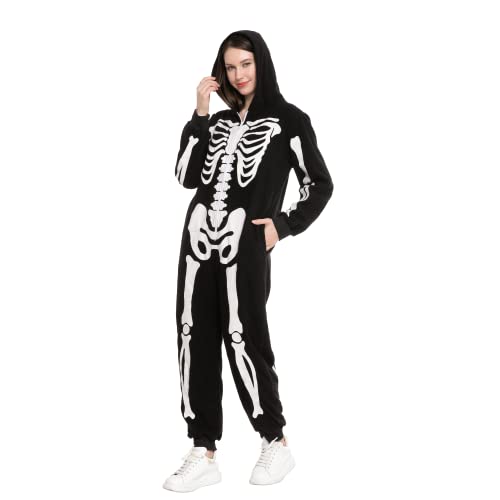 Spooktacular Creations Skeleton Family Matching Pajama jumpsuit for Women Halloween DressUp Party Role Playing Themed Parties Cosplay -S Black