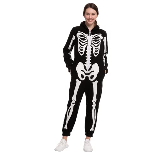 Spooktacular Creations Skeleton Family Matching Pajama jumpsuit for Women Halloween DressUp Party Role Playing Themed Parties Cosplay -S Black