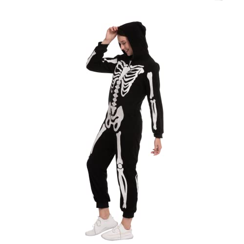 Spooktacular Creations Skeleton Family Matching Pajama jumpsuit for Women Halloween DressUp Party Role Playing Themed Parties Cosplay -S Black