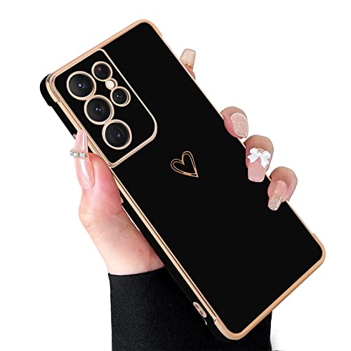 MZELQ Compatible with Samsung Galaxy S21 Ultra 5G Case for Women Cute Luxury Love Heart Pattern Design Full Camera Protection Soft TPU Reinforced Corners Protective Plating Edge Phone Case - Black