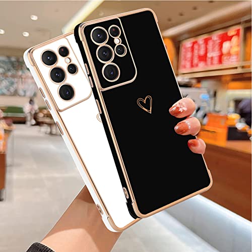 MZELQ Compatible with Samsung Galaxy S21 Ultra 5G Case for Women Cute Luxury Love Heart Pattern Design Full Camera Protection Soft TPU Reinforced Corners Protective Plating Edge Phone Case - Black