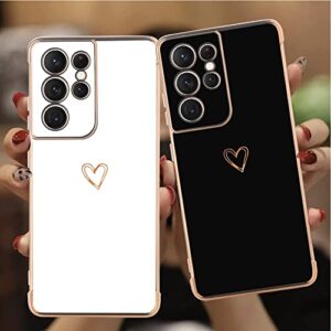 MZELQ Compatible with Samsung Galaxy S21 Ultra 5G Case for Women Cute Luxury Love Heart Pattern Design Full Camera Protection Soft TPU Reinforced Corners Protective Plating Edge Phone Case - Black