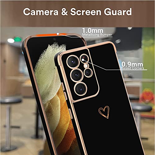 MZELQ Compatible with Samsung Galaxy S21 Ultra 5G Case for Women Cute Luxury Love Heart Pattern Design Full Camera Protection Soft TPU Reinforced Corners Protective Plating Edge Phone Case - Black