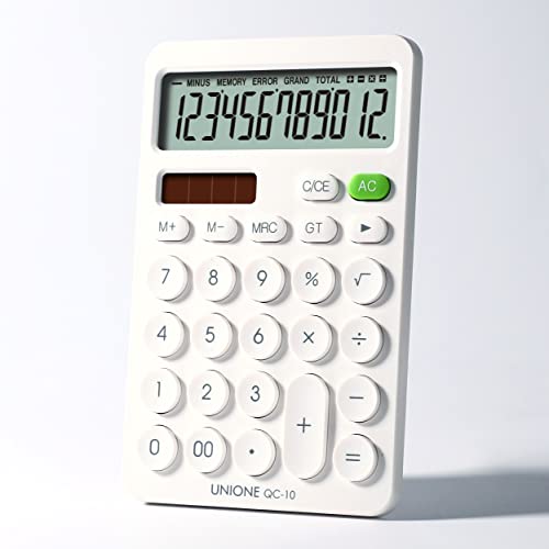 UNIONE White Calculator with a Bright LCD, Dual Power Handheld Desktop. Color. Business, Office, High School (4×6.6in)