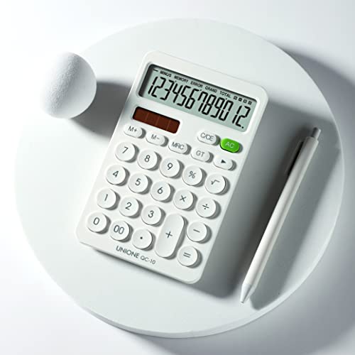 UNIONE White Calculator with a Bright LCD, Dual Power Handheld Desktop. Color. Business, Office, High School (4×6.6in)