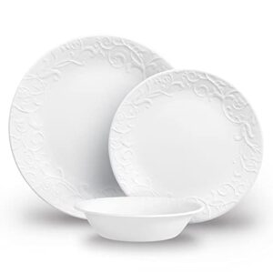 corelle dinnerware set (12pc set, bella faenza)-dinner set for 4, includes 4 x: plates, side plates & bowls, 3 x more durable, half the space & weight of ceramic, up to 80% recycled glass (1146912)