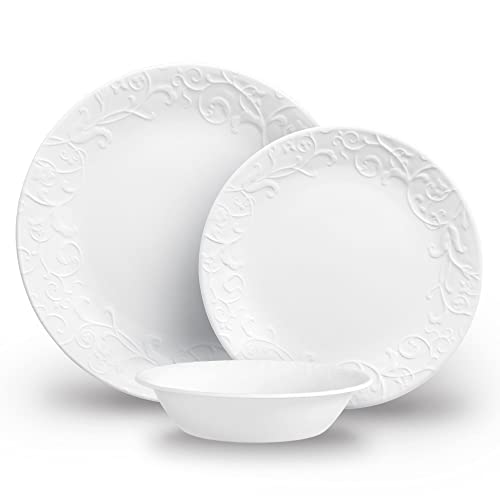 Corelle Dinnerware Set (12pc Set, Bella Faenza)-Dinner Set for 4, Includes 4 x: Plates, Side Plates & Bowls, 3 X More Durable, Half The Space & Weight of Ceramic, up to 80% Recycled Glass (1146912)