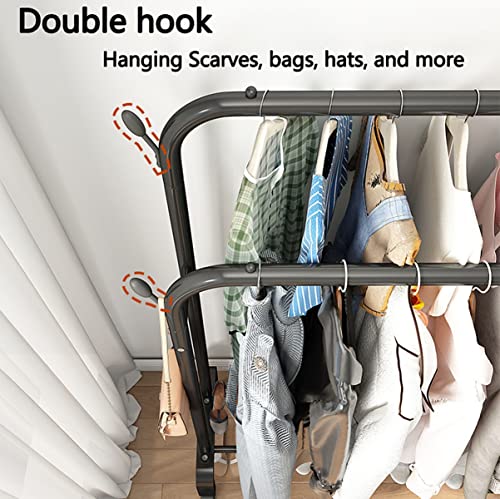 Mixfom Metal Garment Rail with Wheel, 6 Side Hooks and 4 Hanging Rail, Clothes Garment Coat Rack with 1-Tier Shelf, for Hanging Clothes, Coats, Skirts, Shirts, Sweaters