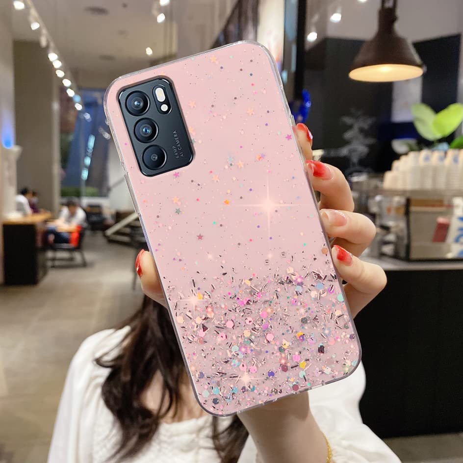 Compatible with Oppo Reno 6 5G Case Glitter Clear Green,Oppo Reno 6 5G Phone Case Silicone Transparent Soft TPU Women Girls Shockproof Protective Slim Cover (Pink)