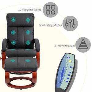 HOMCOM Recliner Chair with Ottoman, Electric Faux Leather Recliner with 10 Vibration Points and 5 Massage Mode, Reclining Chair with Remote Control, Swivel Wood Base and Side Pocket, Black