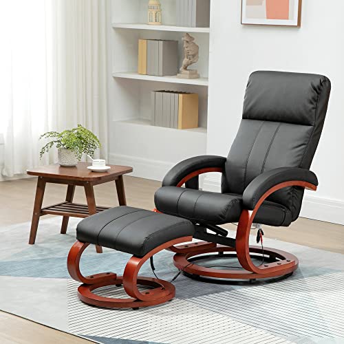 HOMCOM Recliner Chair with Ottoman, Electric Faux Leather Recliner with 10 Vibration Points and 5 Massage Mode, Reclining Chair with Remote Control, Swivel Wood Base and Side Pocket, Black