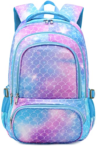 BLUEFAIRY Girls Backpack for Kids Elementary School Bags Primary School Cute Book Bags Child Mermaid Gifts Mochila para Niñas 4-6 6-8 8-10 Years old 17Inch (Blue)