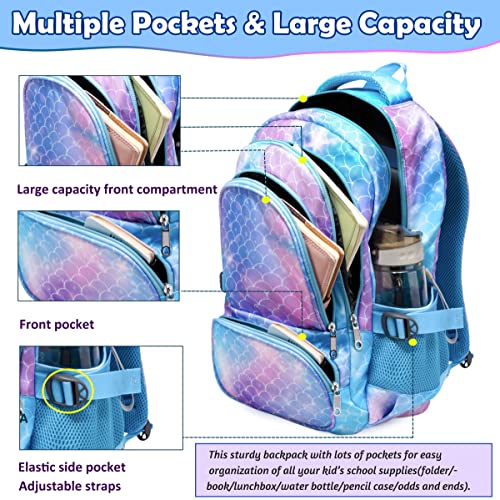 BLUEFAIRY Girls Backpack for Kids Elementary School Bags Primary School Cute Book Bags Child Mermaid Gifts Mochila para Niñas 4-6 6-8 8-10 Years old 17Inch (Blue)