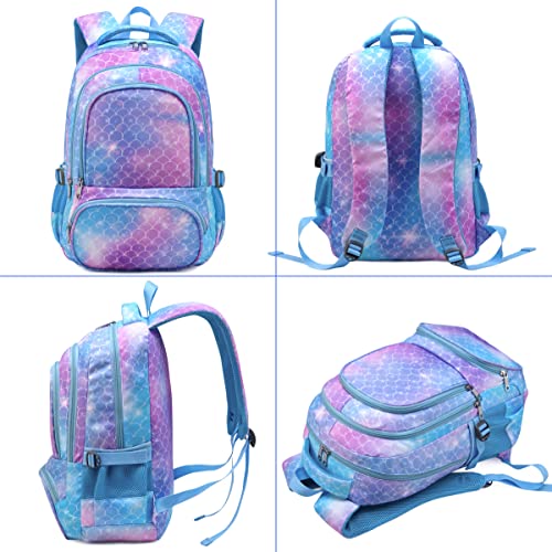 BLUEFAIRY Girls Backpack for Kids Elementary School Bags Primary School Cute Book Bags Child Mermaid Gifts Mochila para Niñas 4-6 6-8 8-10 Years old 17Inch (Blue)