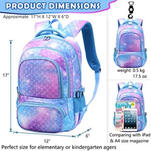 BLUEFAIRY Girls Backpack for Kids Elementary School Bags Primary School Cute Book Bags Child Mermaid Gifts Mochila para Niñas 4-6 6-8 8-10 Years old 17Inch (Blue)