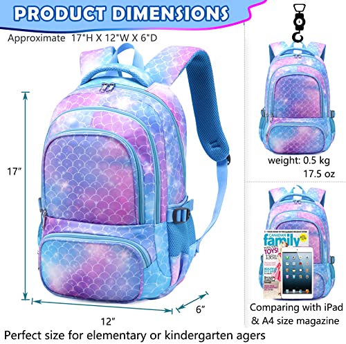 BLUEFAIRY Girls Backpack for Kids Elementary School Bags Primary School Cute Book Bags Child Mermaid Gifts Mochila para Niñas 4-6 6-8 8-10 Years old 17Inch (Blue)